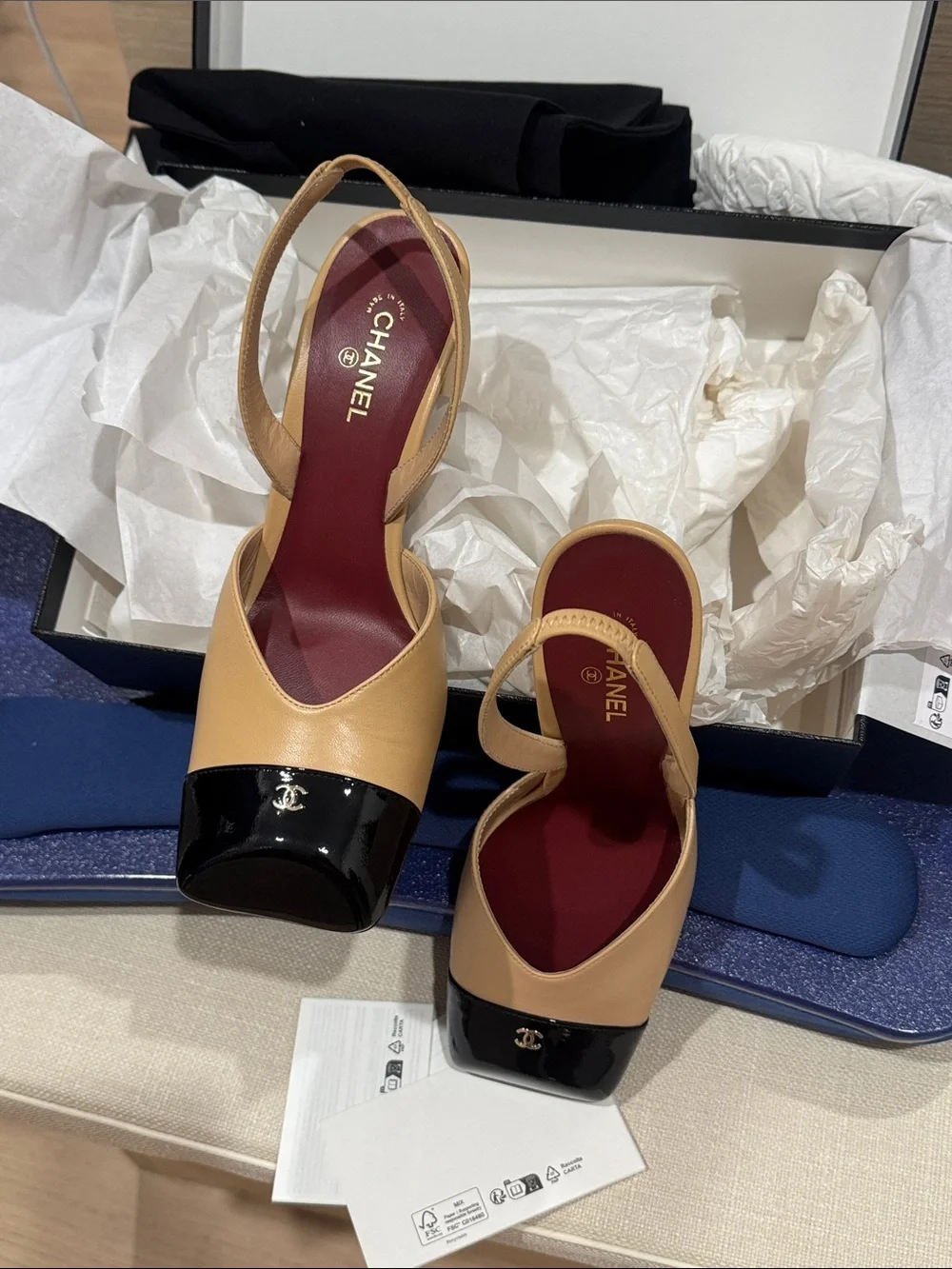 CHANEL | Shoes | Chanel Beige And Black Slingback Pumps With Patent Cap ...